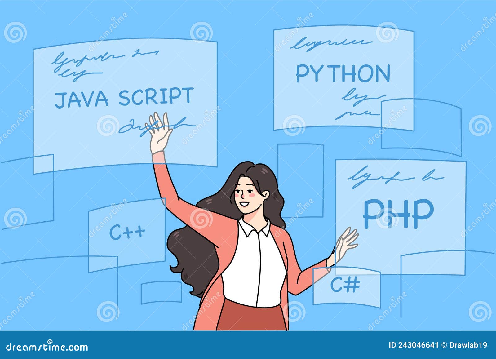 Woman Coder Programming with Computer Languages Stock Vector ...