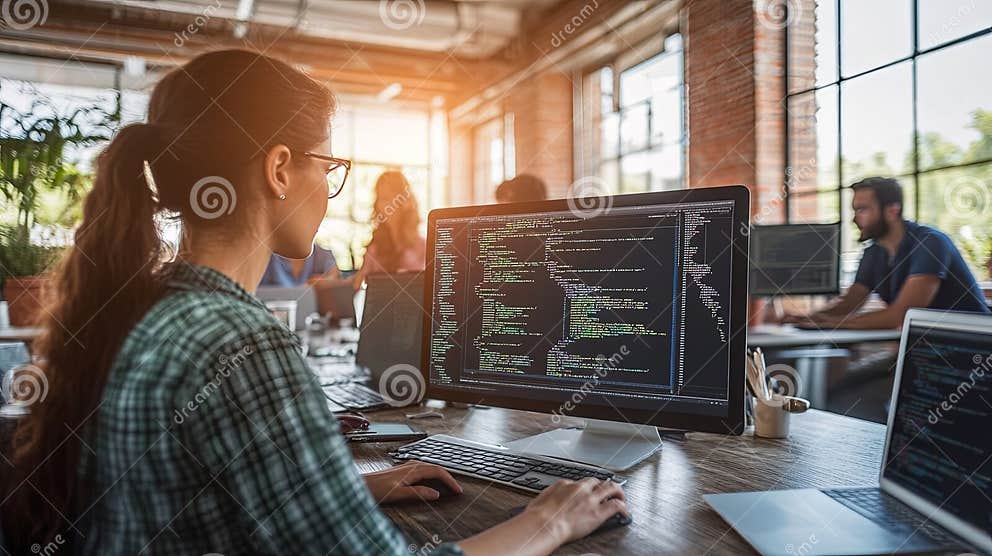 Woman Coding in Modern Workspace with Multiple Screens and Colleagues ...