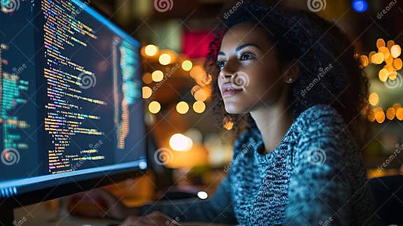 Woman Coding at Night, Illuminated by Computer Screen Glow Stock Photo ...