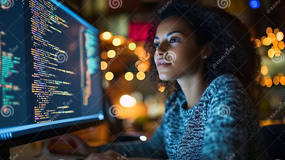 Woman Coding at Night, Illuminated by Computer Screen Glow Stock Photo ...