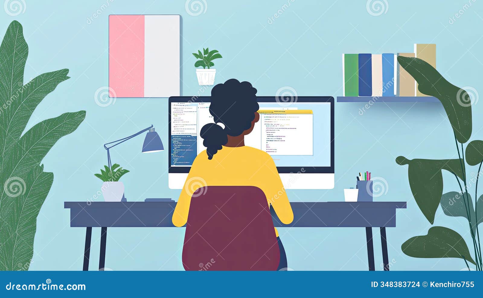 Woman Coding in Stylish Home Office with Plants and Computer Stock ...