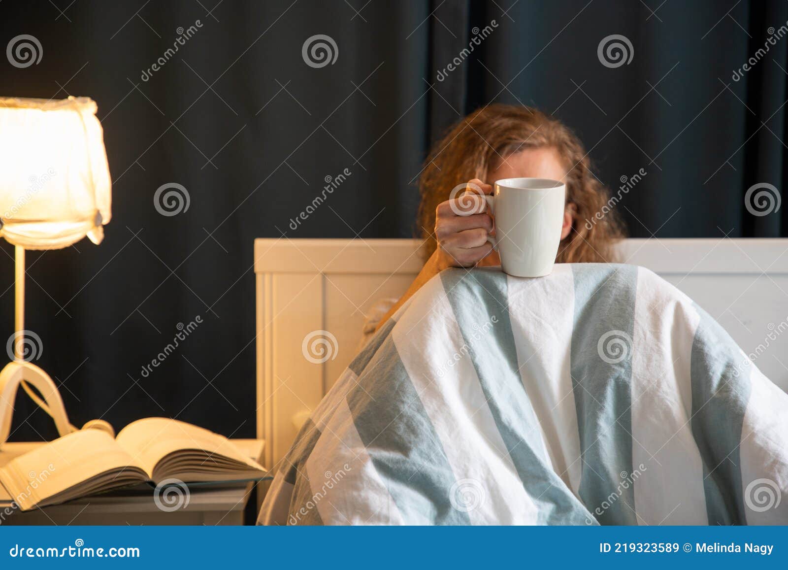 Woman with Coffee or Tea Cup in Bed Night Time Rest Stock Image - Image ...