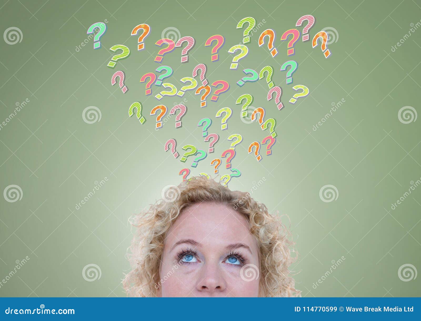Woman with Colorful Funky Question Marks Emerging from Head Stock ...