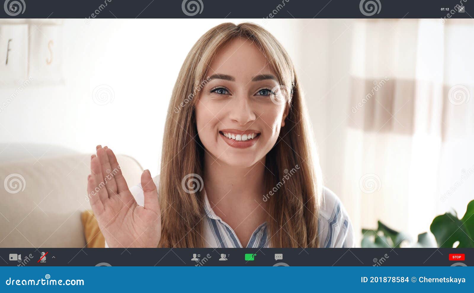 Woman Communicating with Coworkers from Home Using Video Chat, View ...