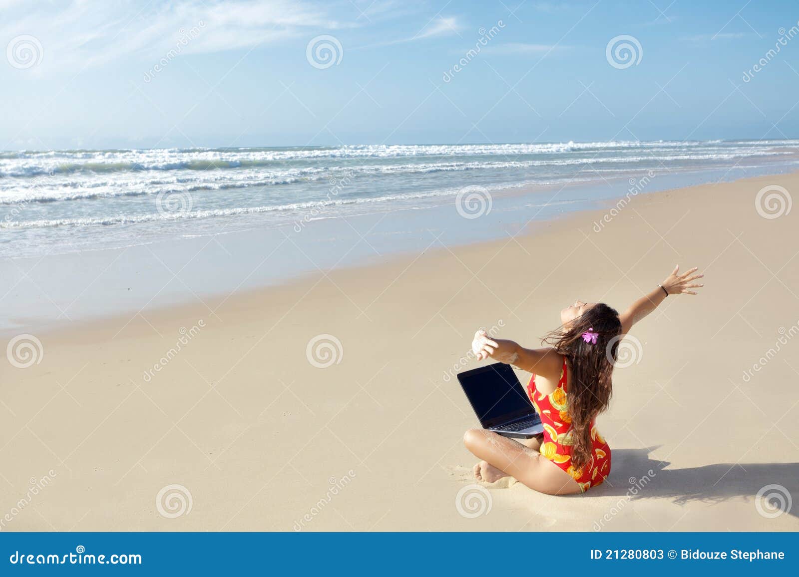 Woman with Computer on Beach Stock Image - Image of gorgeous, peaceful ...