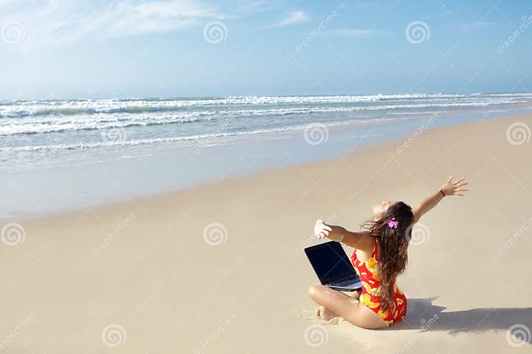 Woman with Computer on Beach Stock Image - Image of gorgeous, peaceful ...