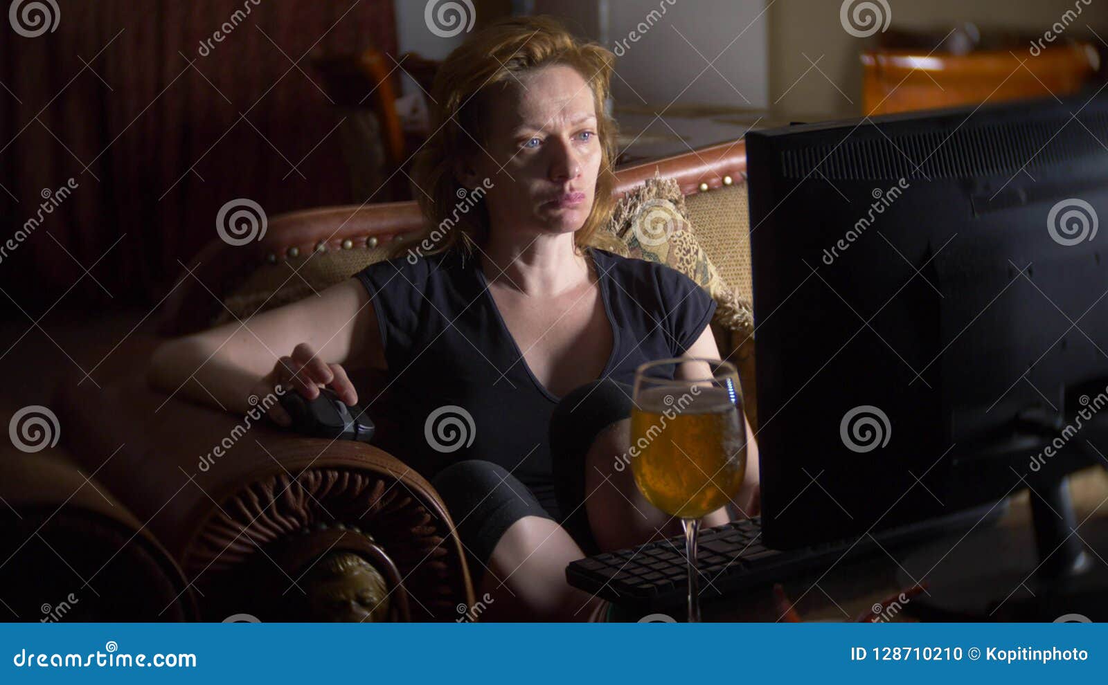 Woman with Computer, Drinking Beer at Home in the Dark. Stock Photo ...