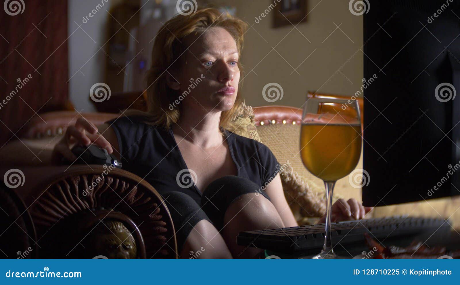 Woman with Computer, Drinking Beer at Home in the Dark. Stock Image ...