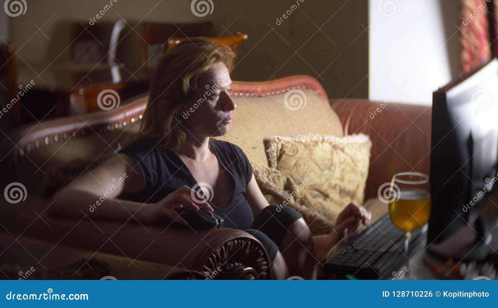Woman with Computer, Drinking Beer at Home in the Dark. Stock Photo ...