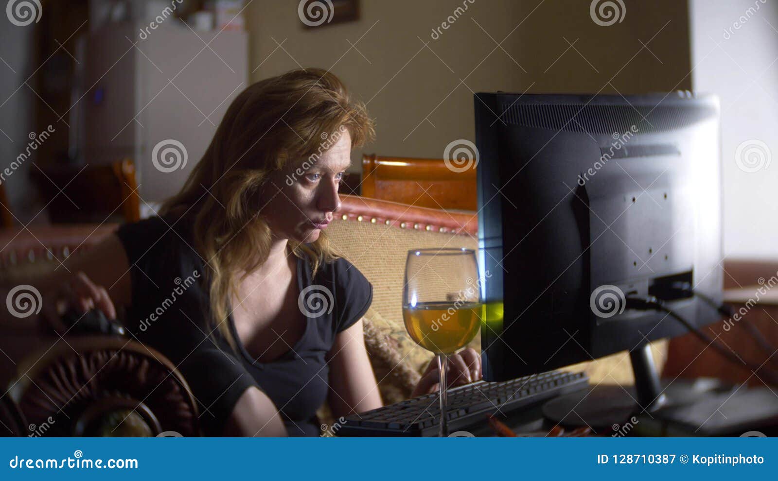 Woman with Computer, Drinking Beer at Home in the Dark. Stock Image ...