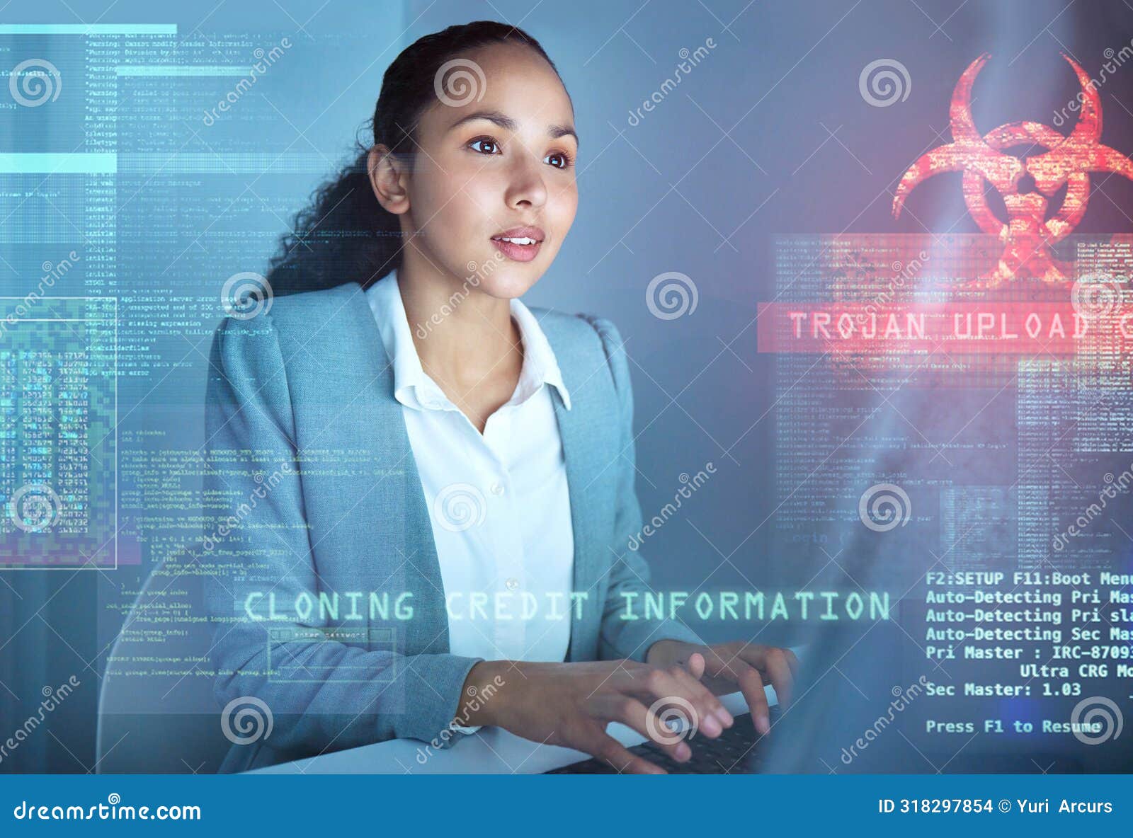 Woman Computer And Hologram For Virus Icon With Coding Programming And Scam With Toxic Symbol