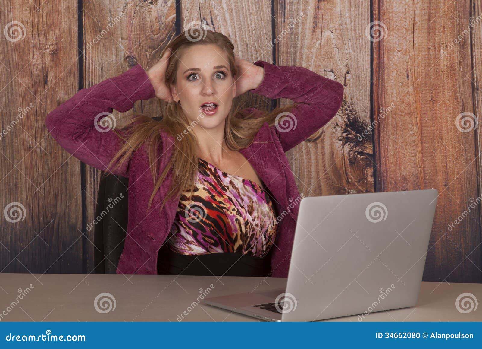 Woman Computer Office Maroon Shock Stock Photo - Image of hair ...