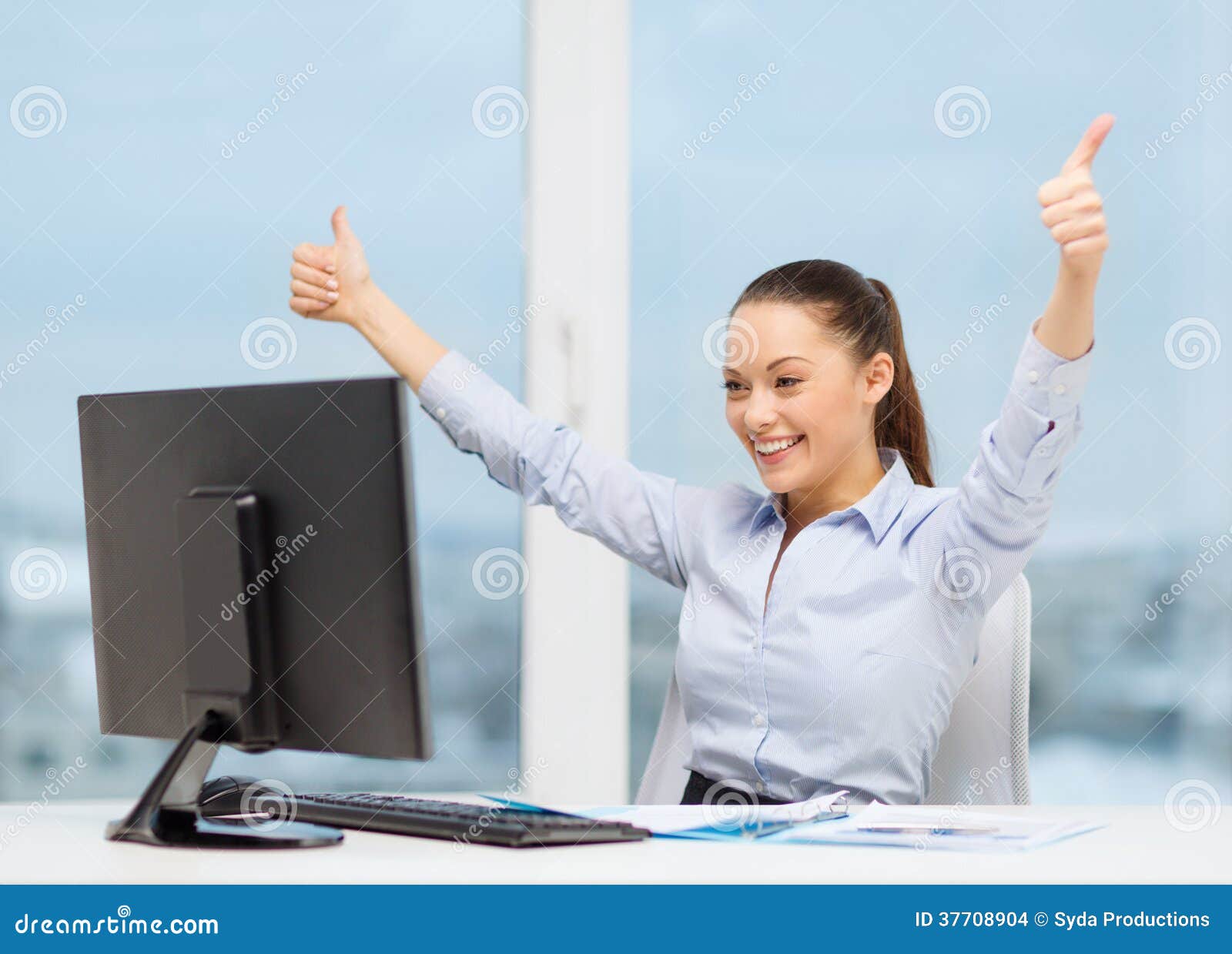 Woman with Computer, Papers Showing Thumbs Up Stock Photo - Image of ...