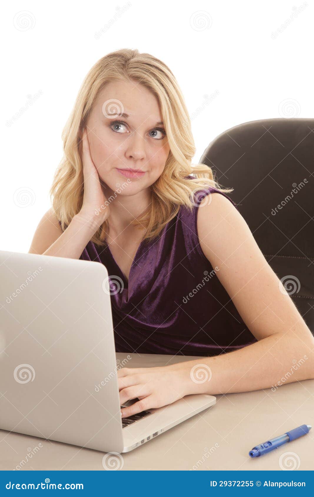Woman Computer Purple Top Think Stock Image - Image of adorable, blonde ...