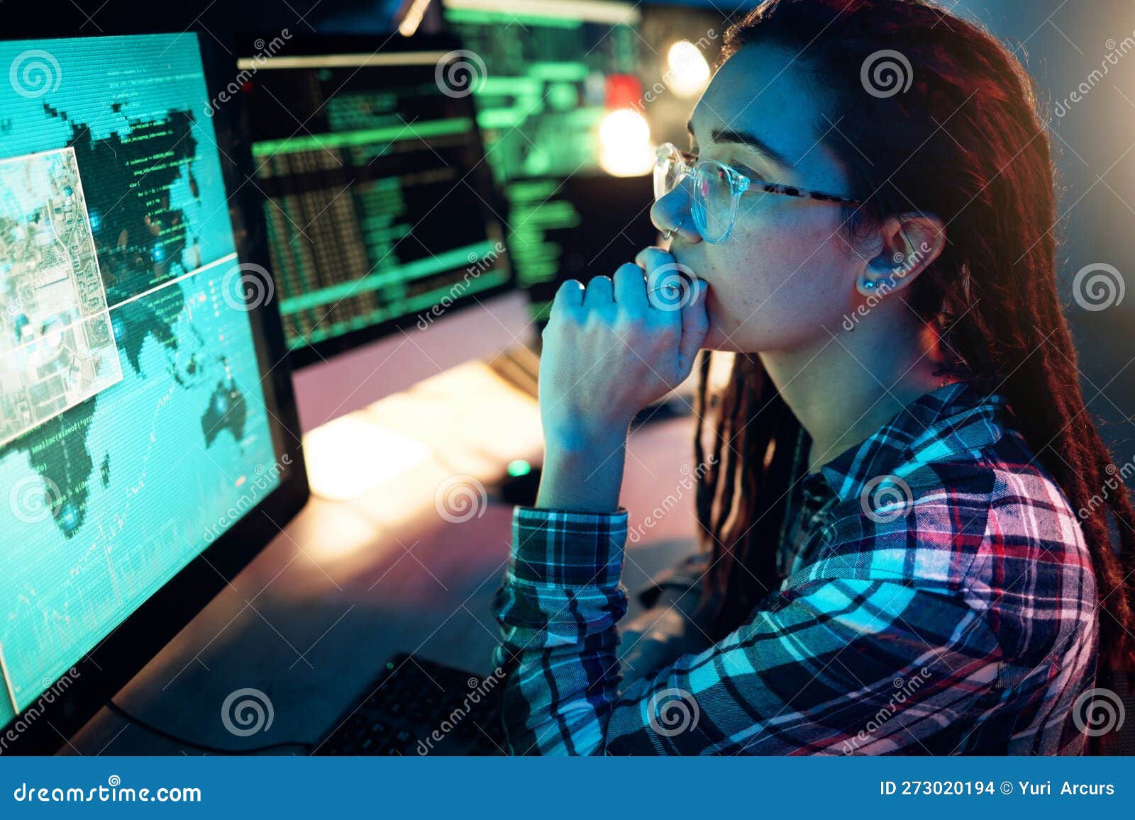 Woman Computer Screen And Hacker Thinking With Software Data Programming Or Cybersecurity