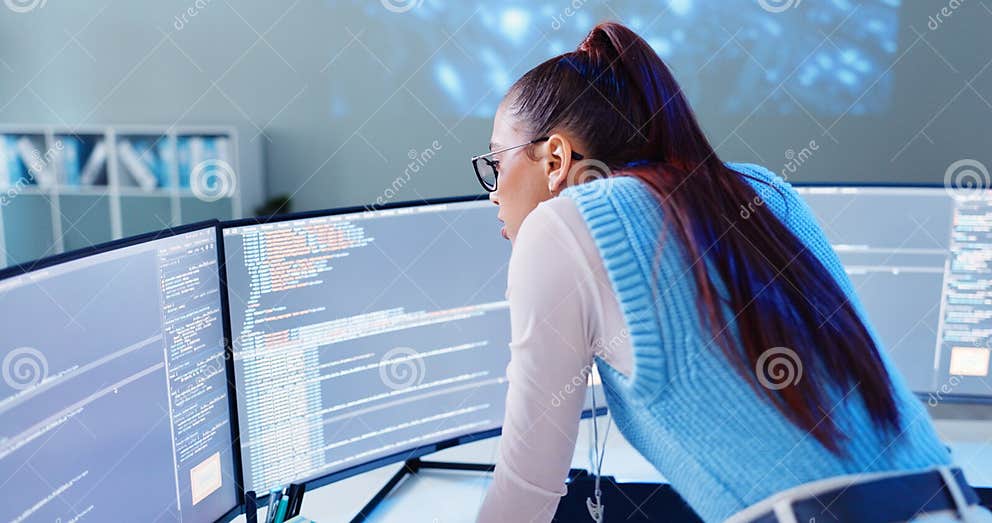 Woman, Computer Screen and Thinking in Office for Code, Software Development and Programming ...