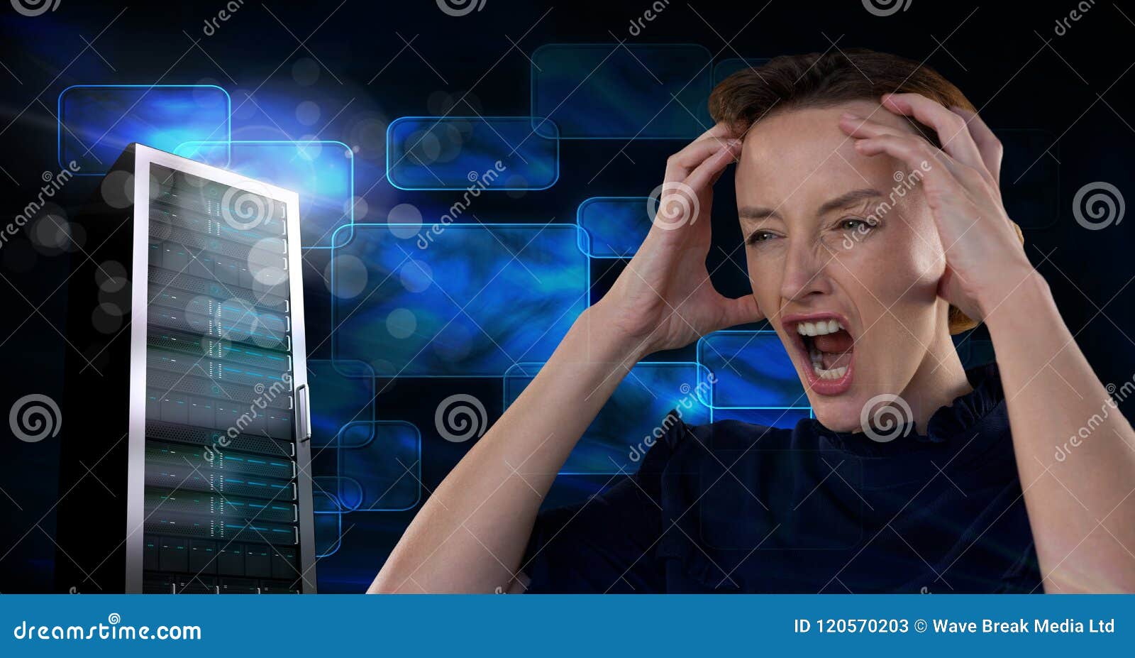 Woman with Computer Server and Technology Information Interface Stock ...