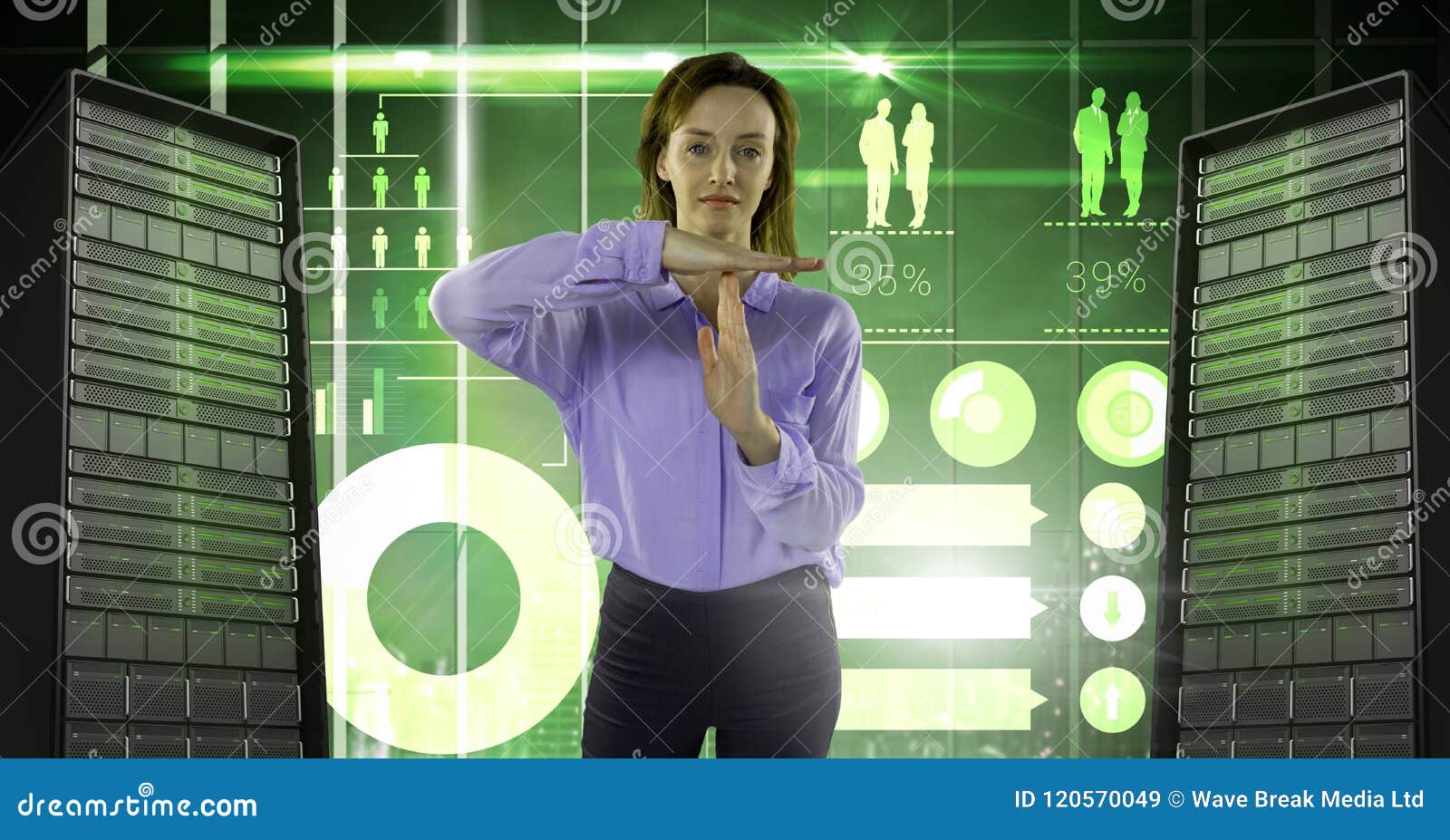 Woman with Computer Servers and Technology Information Interface Stock ...