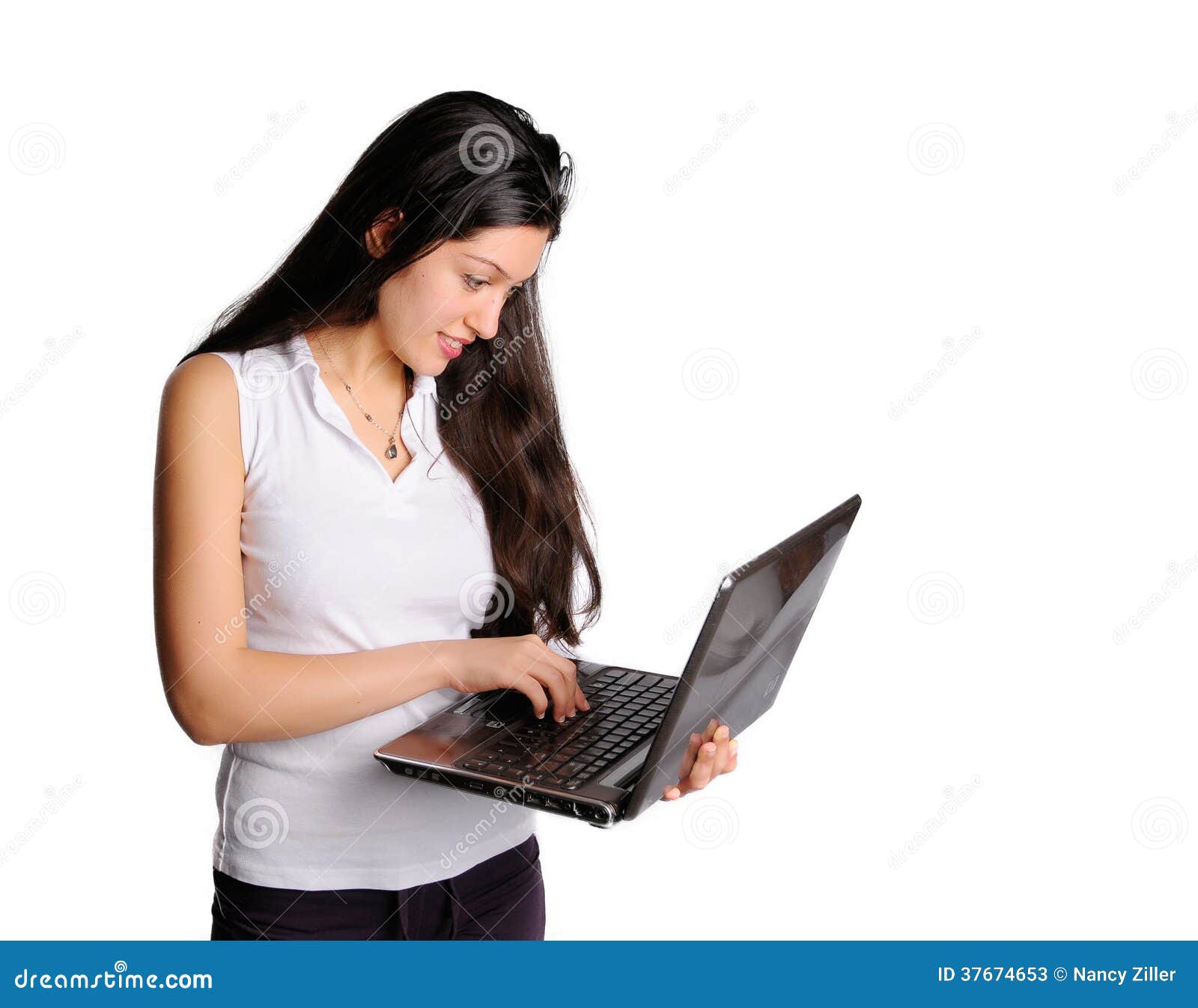 Woman on computer standing stock image. Image of female - 37674653
