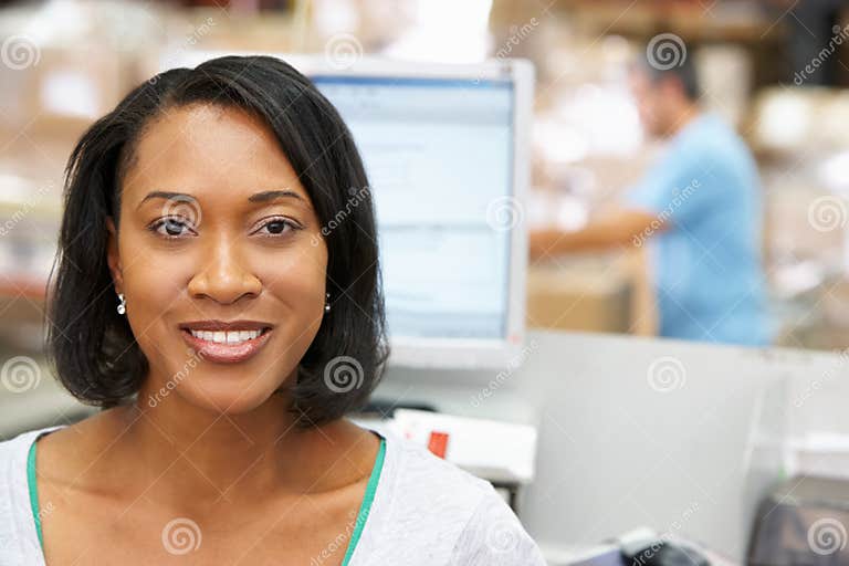 Woman at Computer Terminal in Distribution Warehouse Stock Photo ...