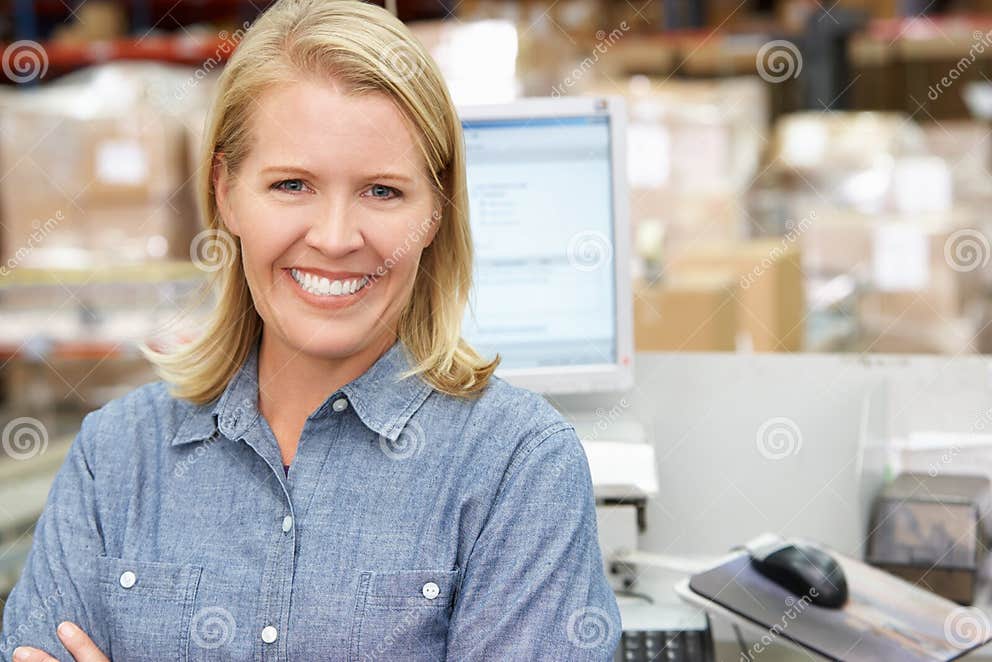 Woman at Computer Terminal in Distribution Warehouse Stock Image ...