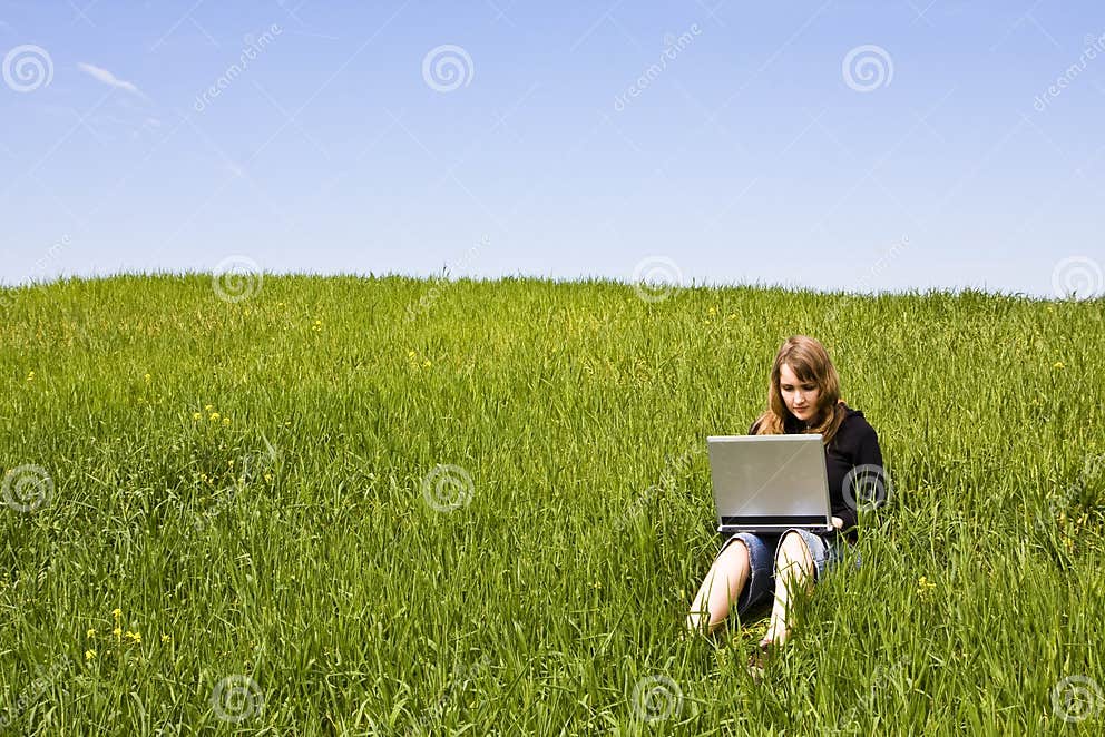 Woman Connected on the Grass Stock Image - Image of relaxation ...