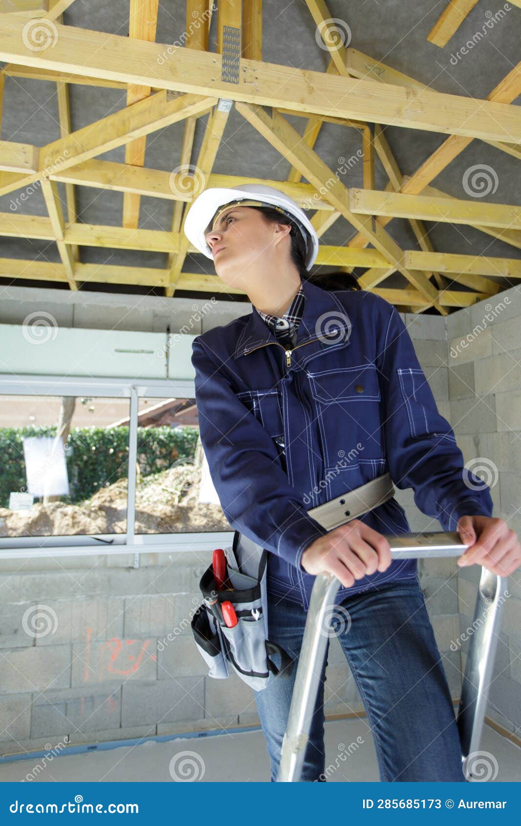 Woman Construction Worker Builder on Ladder Stock Image - Image of ...