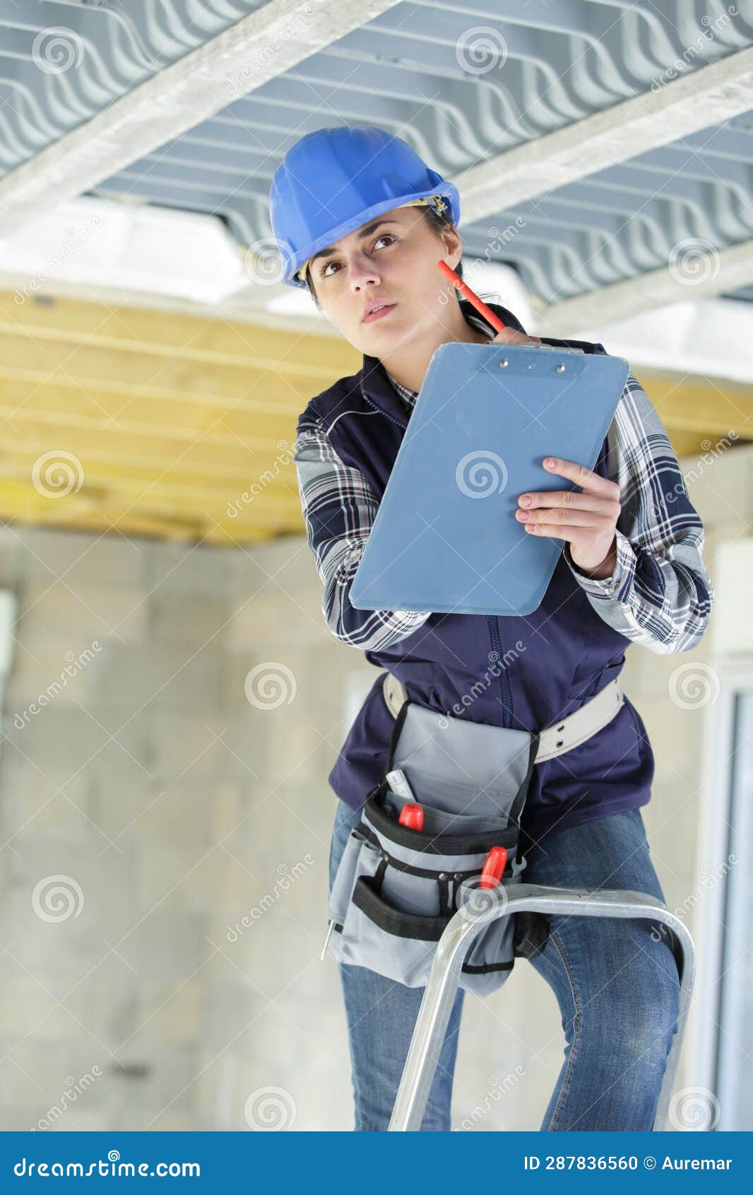 Woman Construction Worker Builder on Ladder Stock Photo - Image of ...