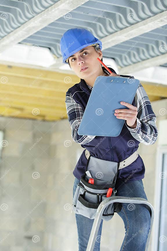 Woman Construction Worker Builder on Ladder Stock Photo - Image of ...