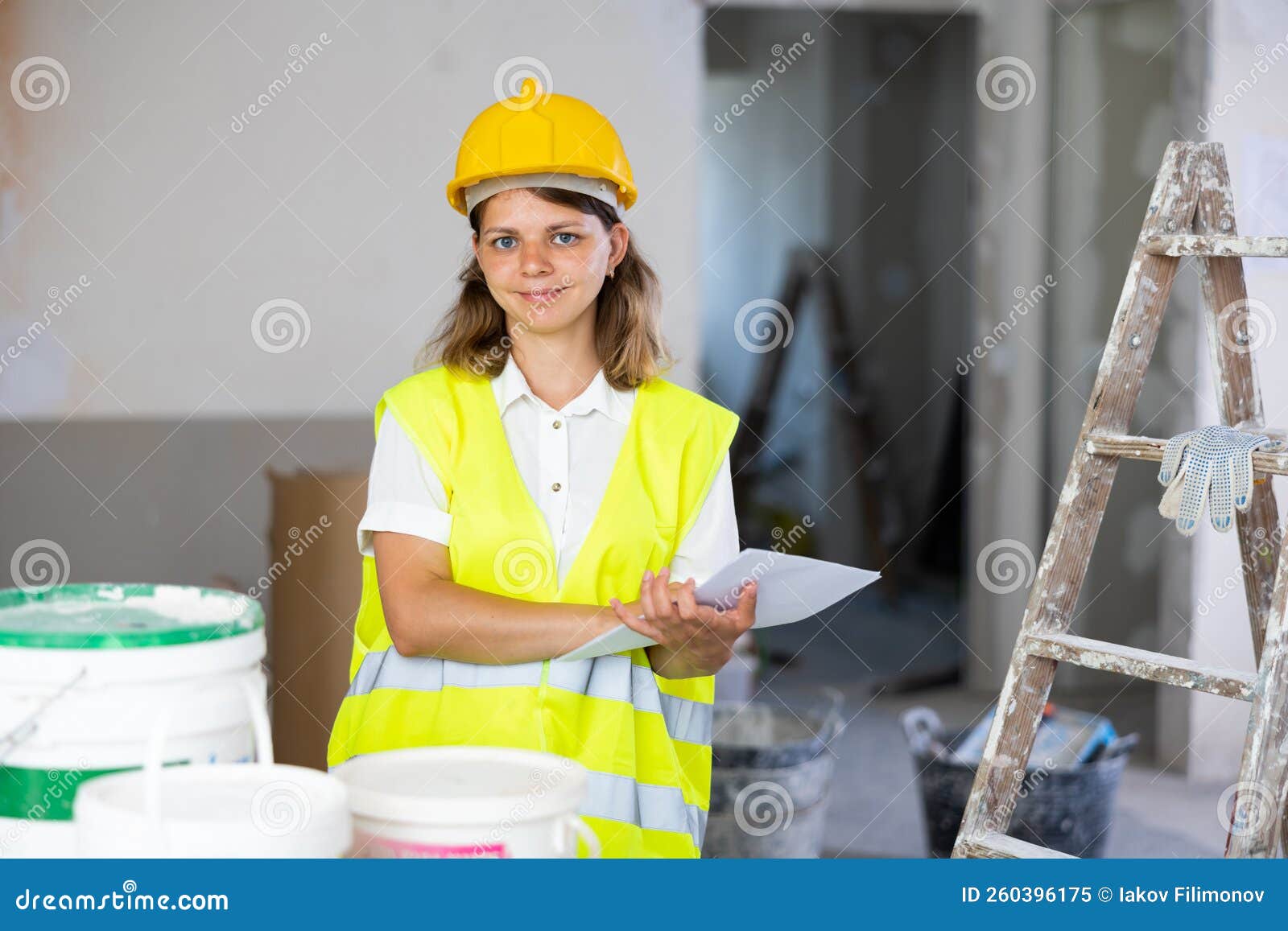 Woman Construction Worker with Project Documentation Stock Image ...