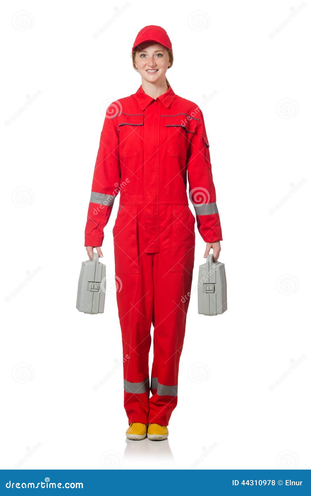 Woman Construction Worker in Red Coveralls Stock Photo - Image of ...