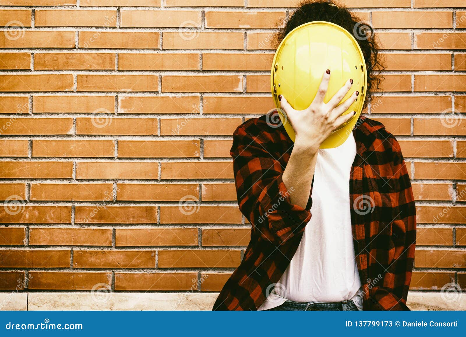 Woman Construction Worker with Safety Helmet in Front of Face Stock ...