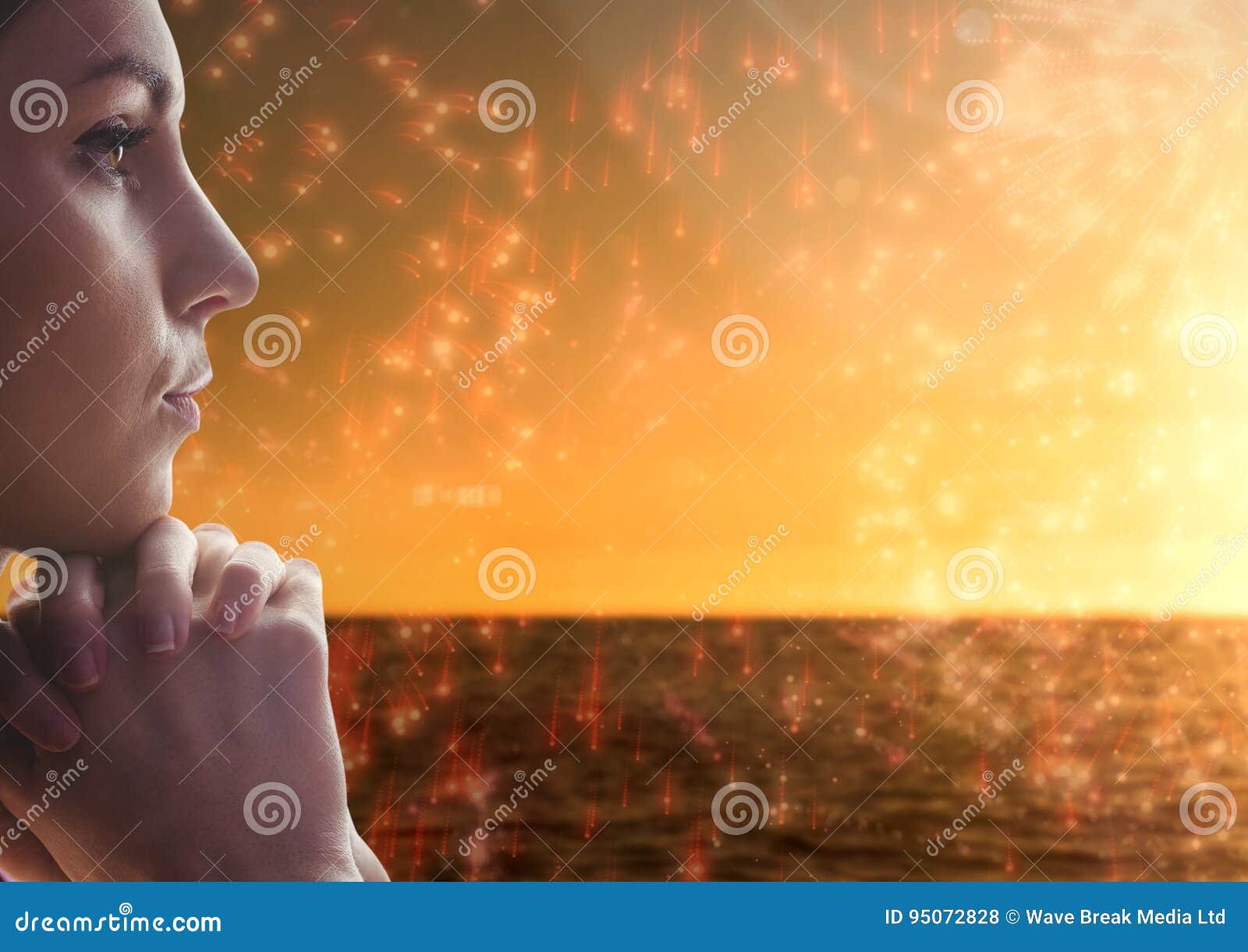 Woman Contemplating with Firework Ocean Stock Photo - Image of firework ...