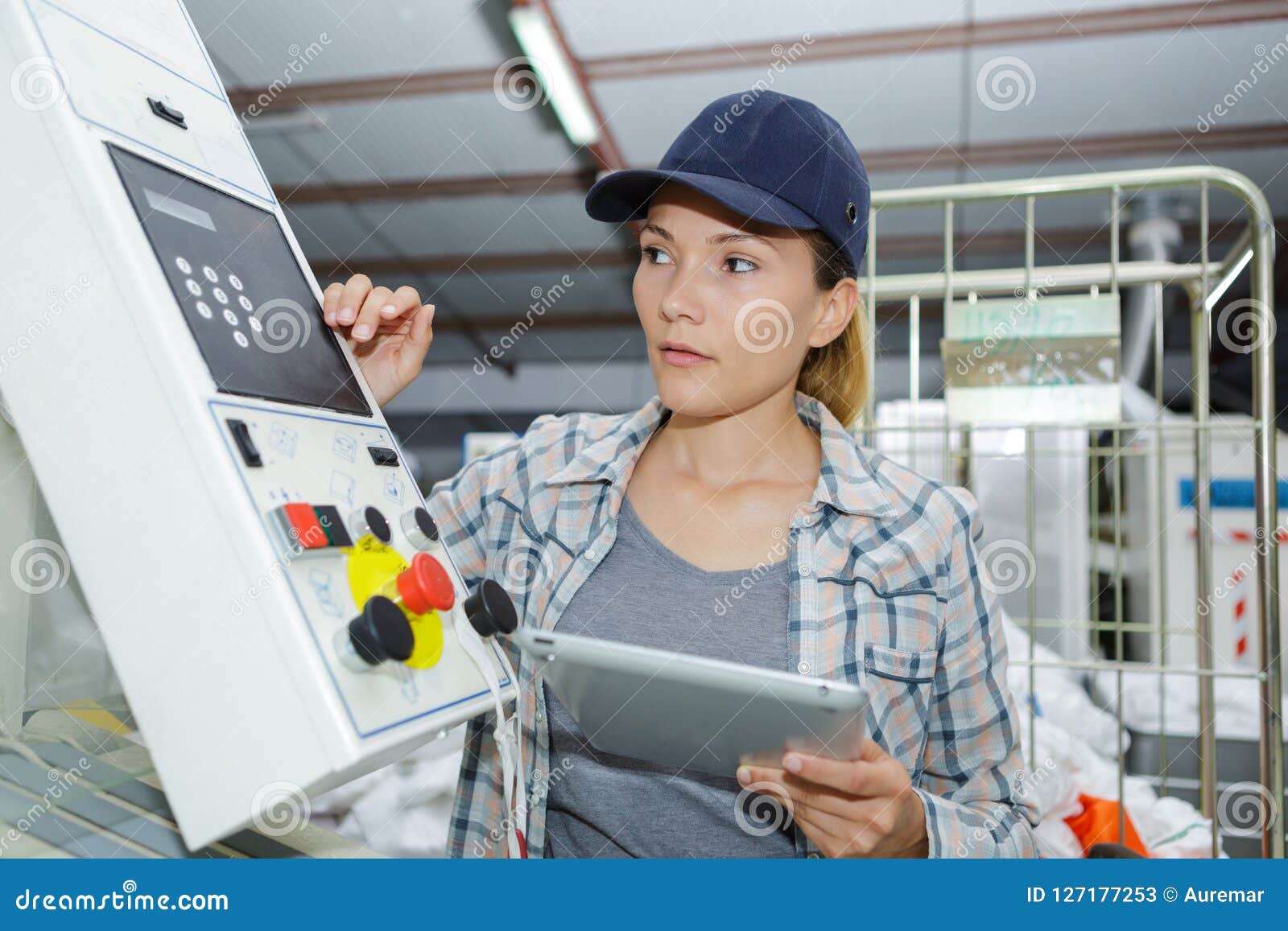 Woman Control Buttons Machine Factory Operator Stock Image - Image of ...