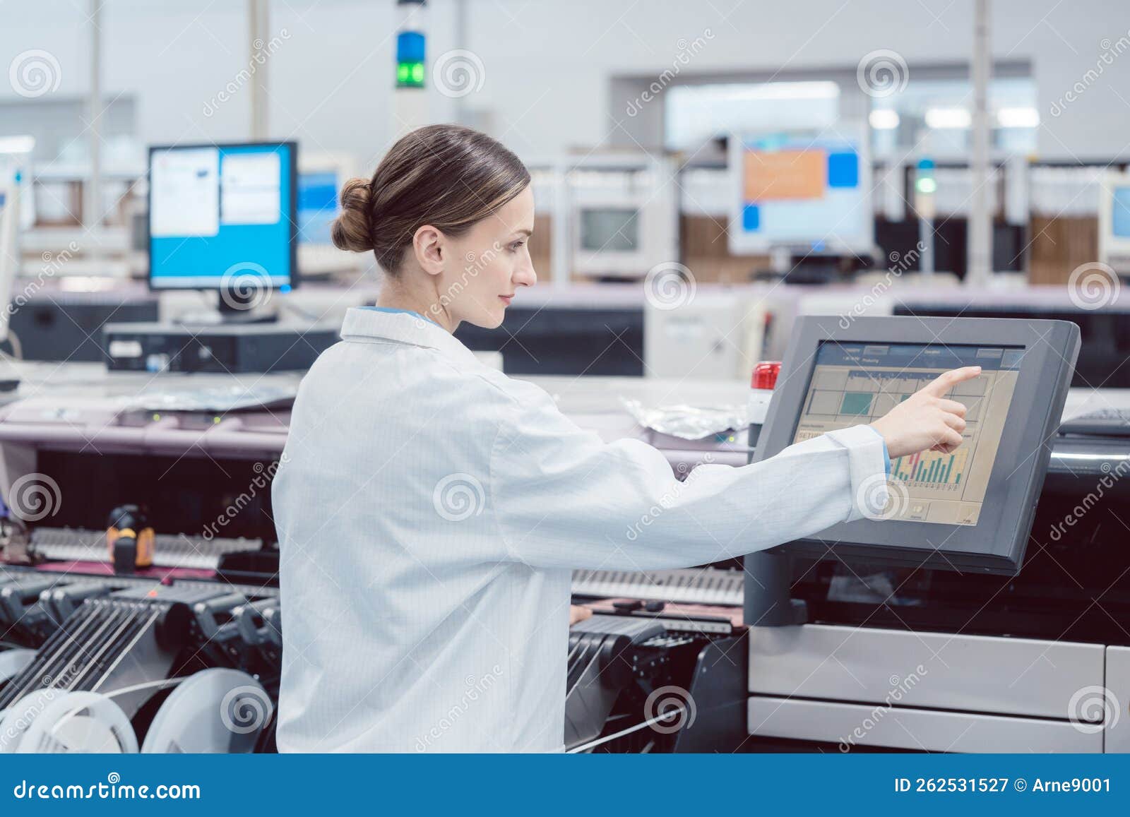 Woman on Control Compute of Assembly Line Stock Image - Image of ...