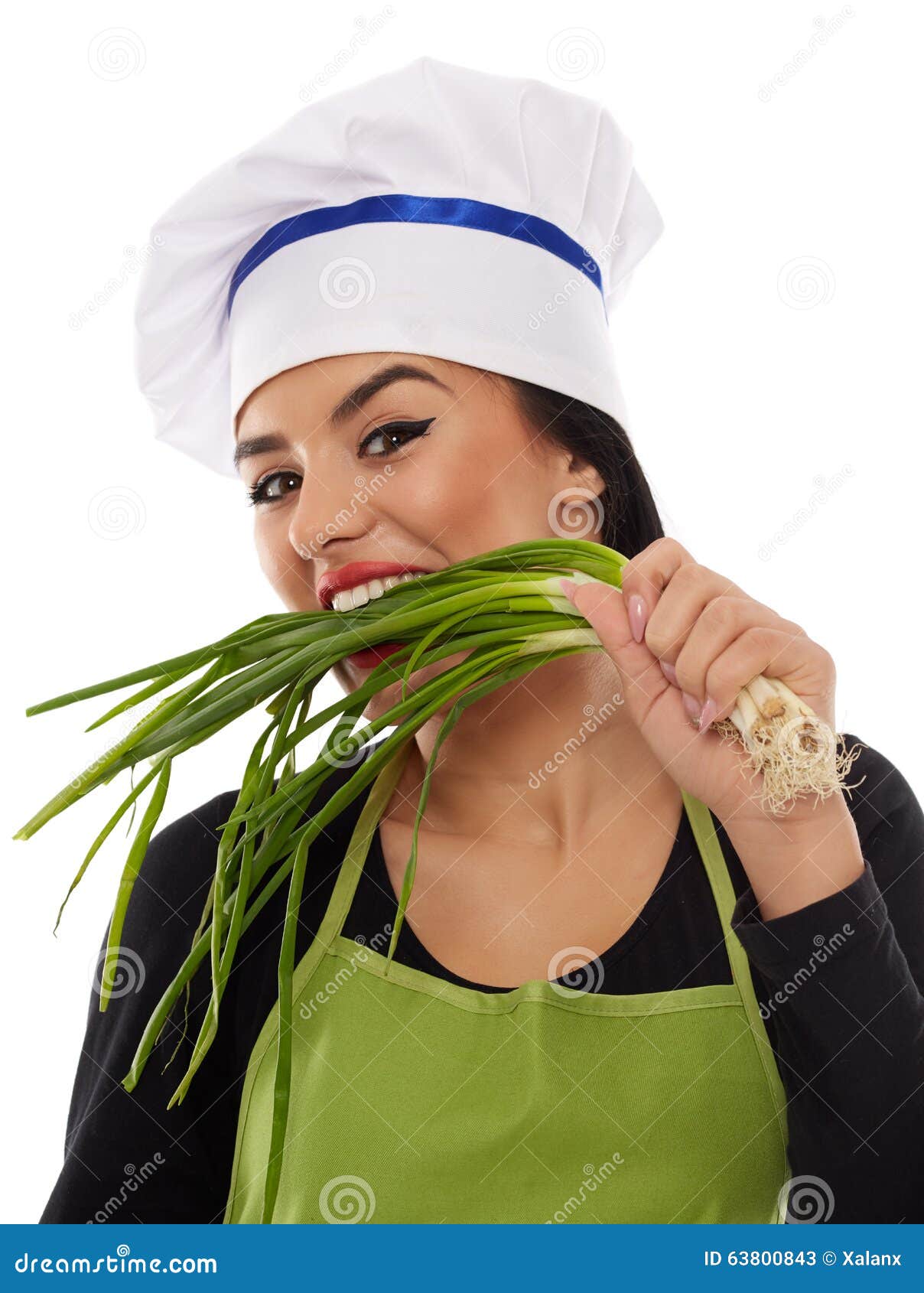 Woman Cook Biting Spring Onions Stock Image - Image of green, hand ...