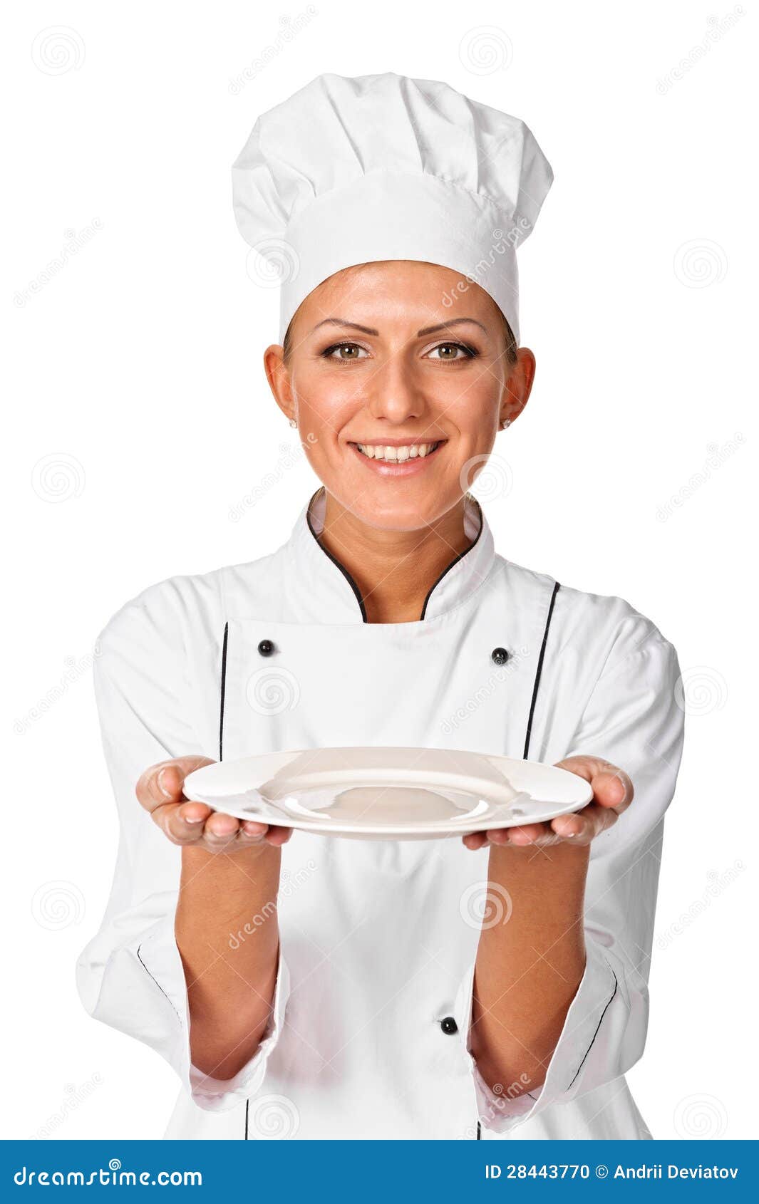 Woman Cook or Chef Serving Empty Plate and Smiling Happy Stock Photo ...