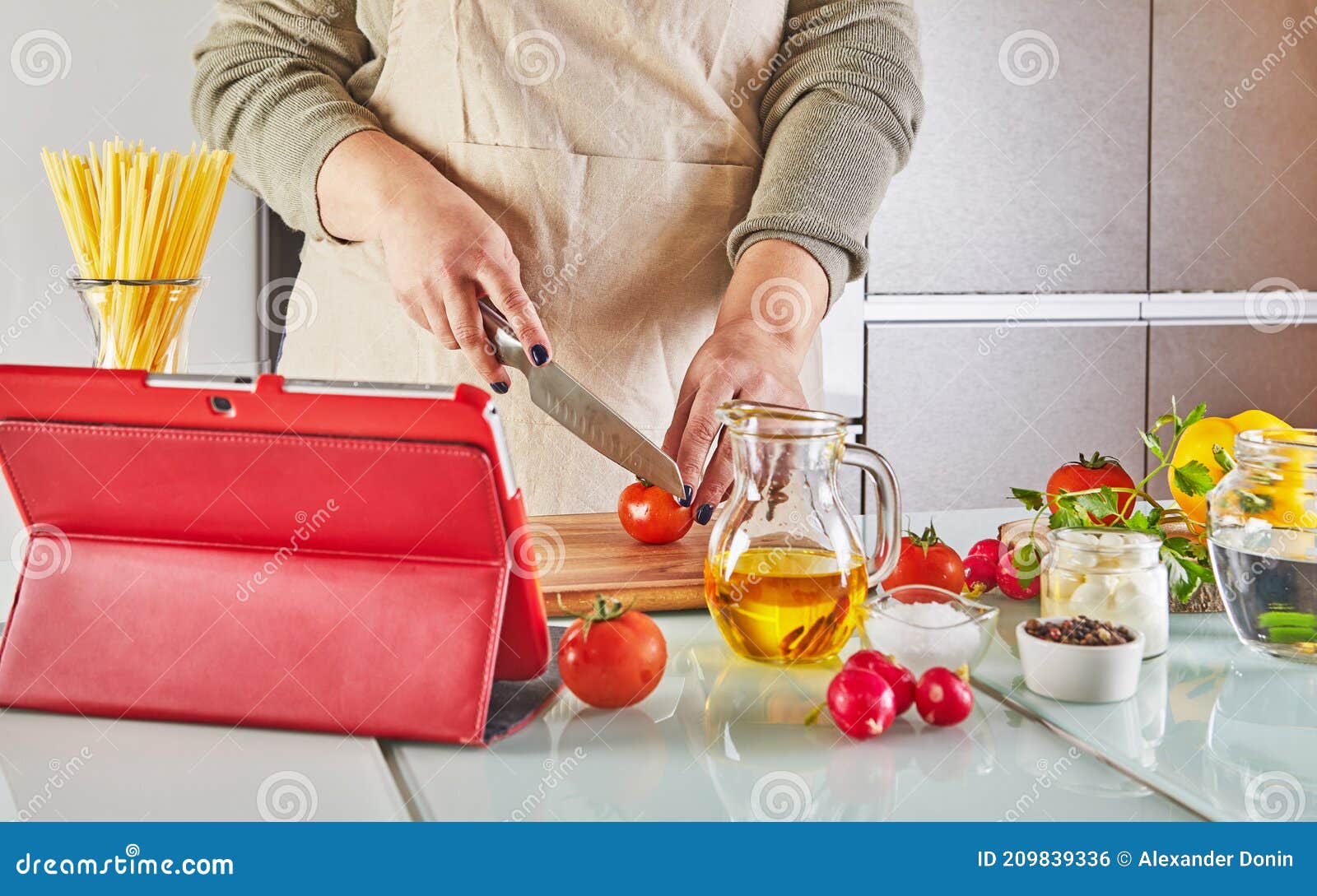 Woman Cooking According the Tutorial of Online Virtual Master Class ...