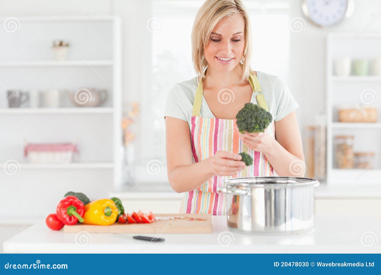 Woman Is Cooking Simple Breakfast In White Cozy Kitchen. Stock ...
