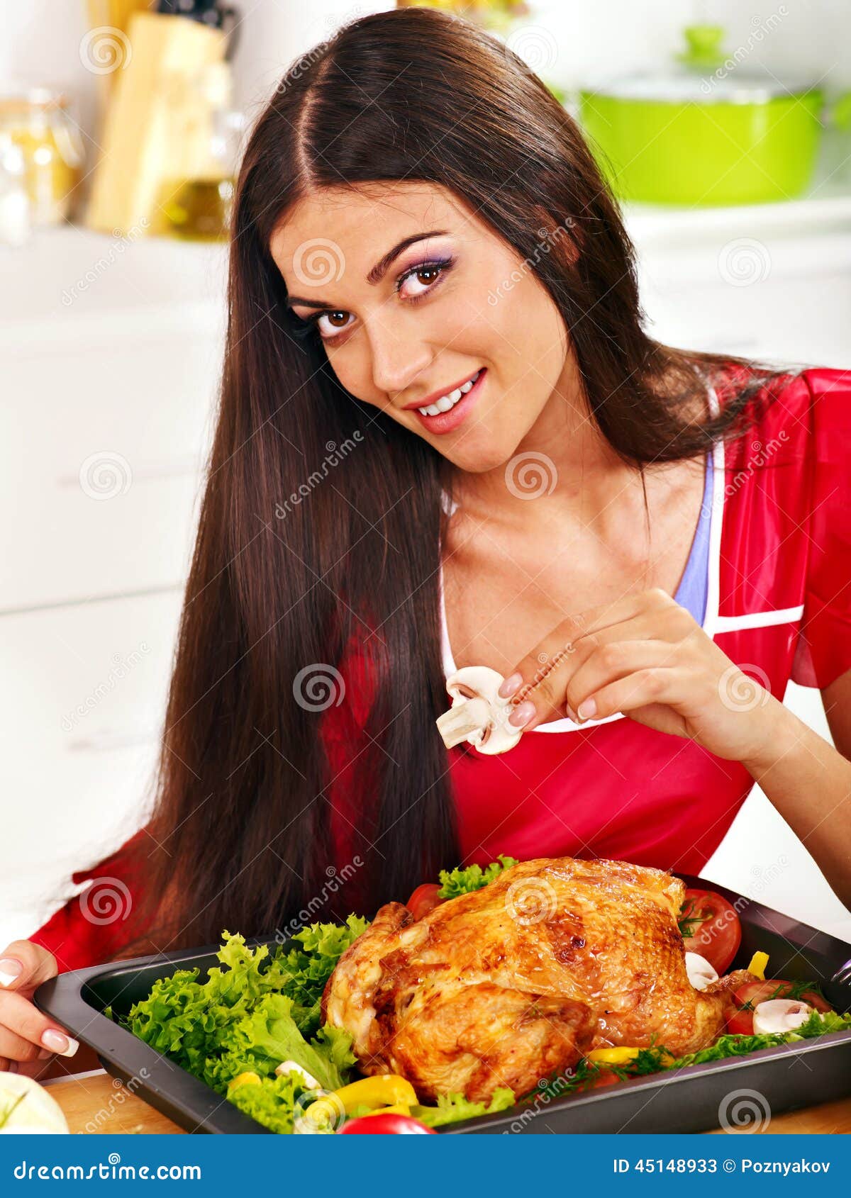 Woman Cooking Chicken at Kitchen. Stock Image - Image of mother ...