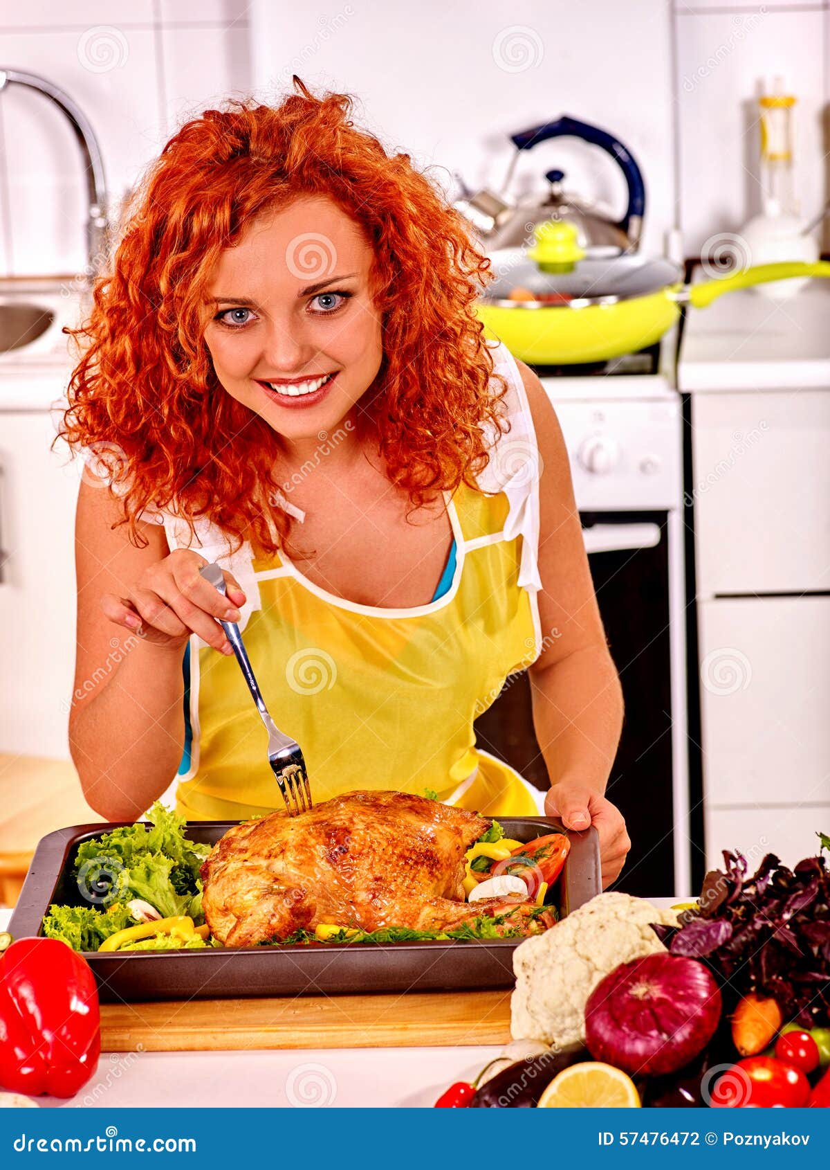 Woman Cooking Chicken at Kitchen Stock Photo - Image of interior, apron ...
