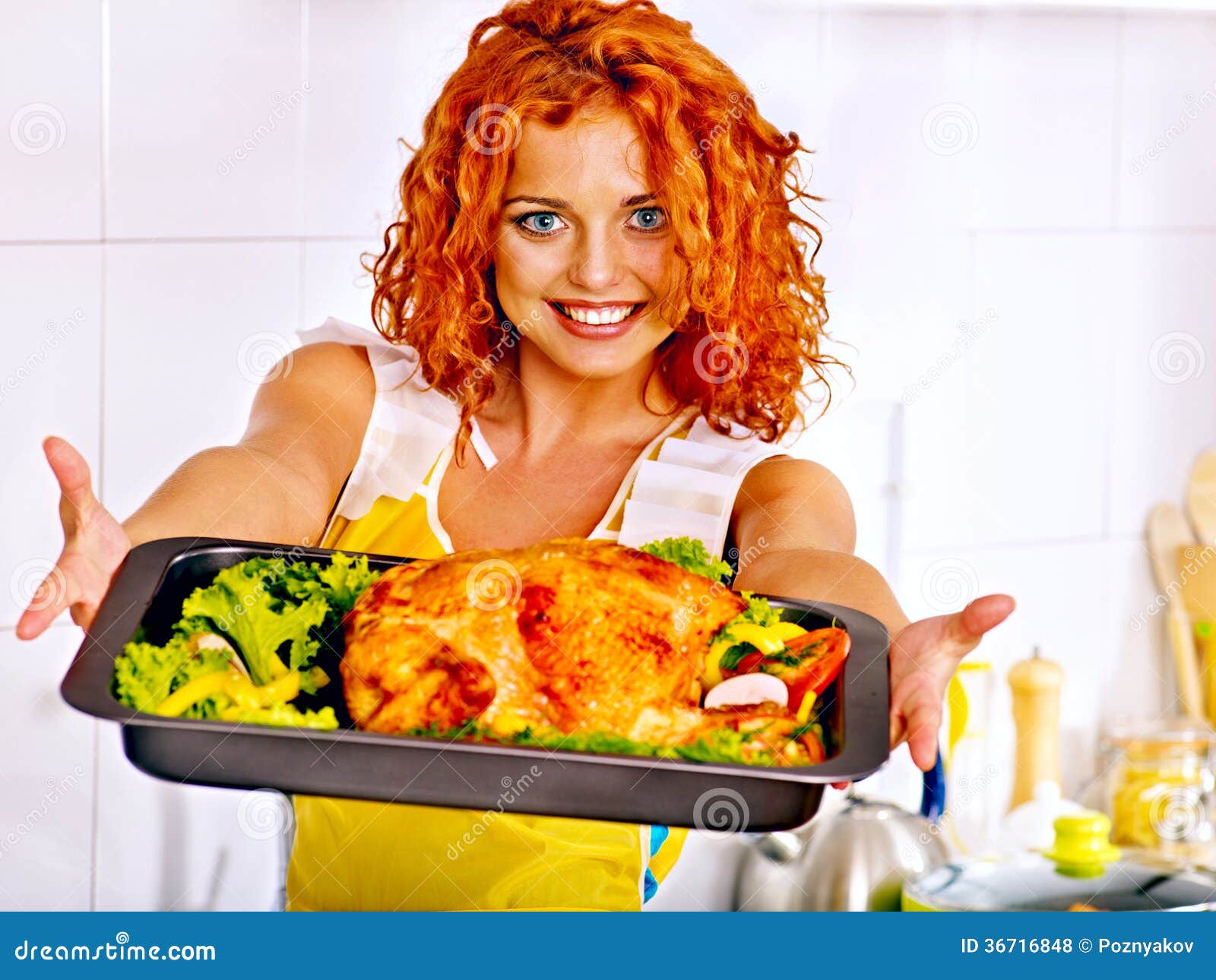 Woman Cooking Chicken at Kitchen. Stock Photo - Image of barbecue ...