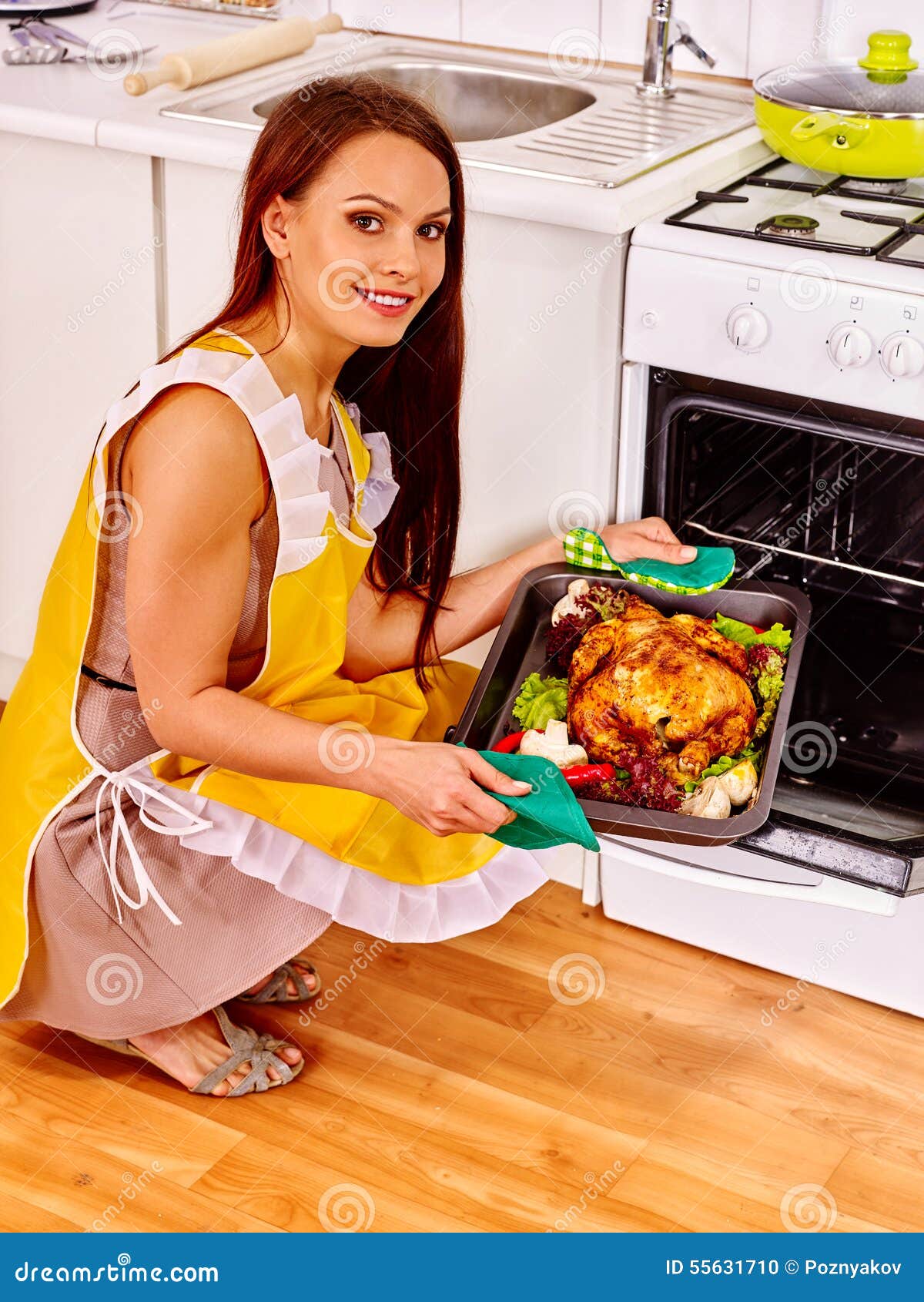 Woman Cooking Chicken at Kitchen Stock Photo - Image of grilled ...