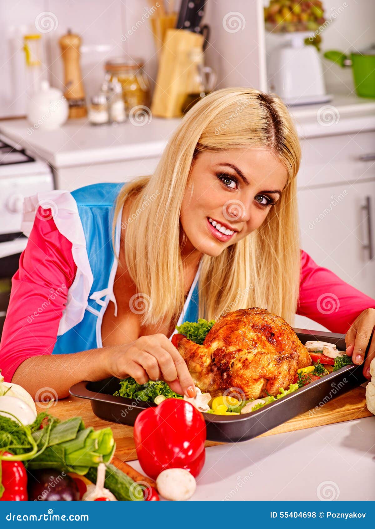 Woman Cooking Chicken at Kitchen Stock Photo - Image of household ...