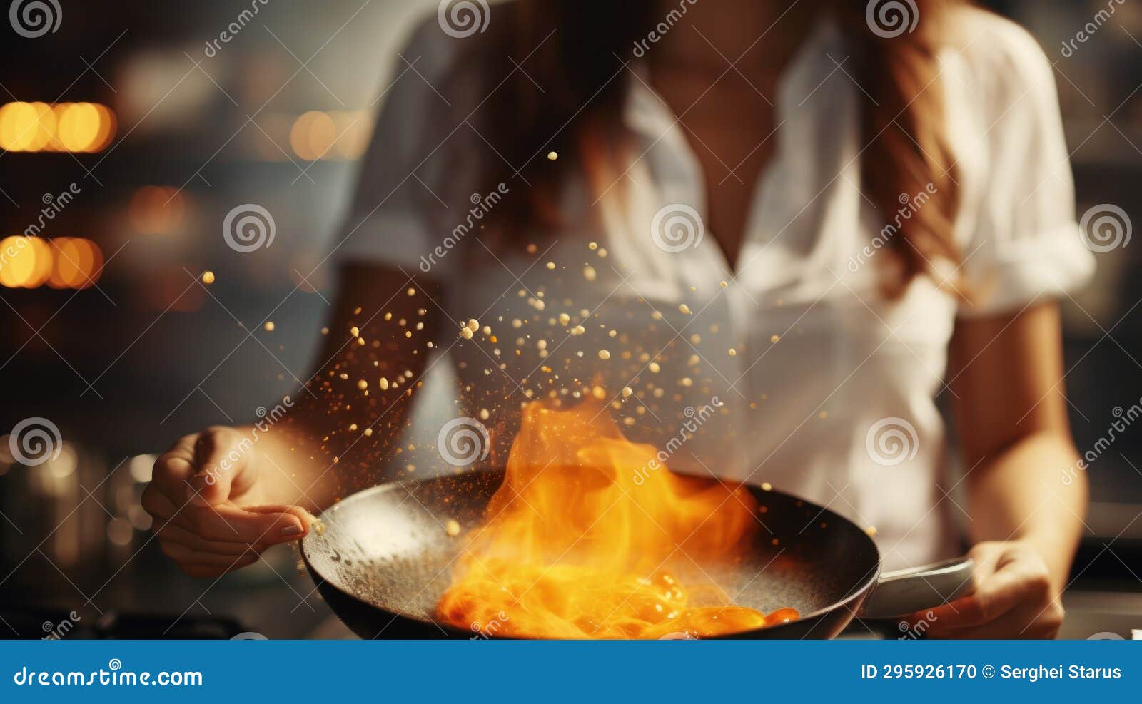 A Woman is Cooking with Fire in a Pan, AI Stock Photo - Image of ...
