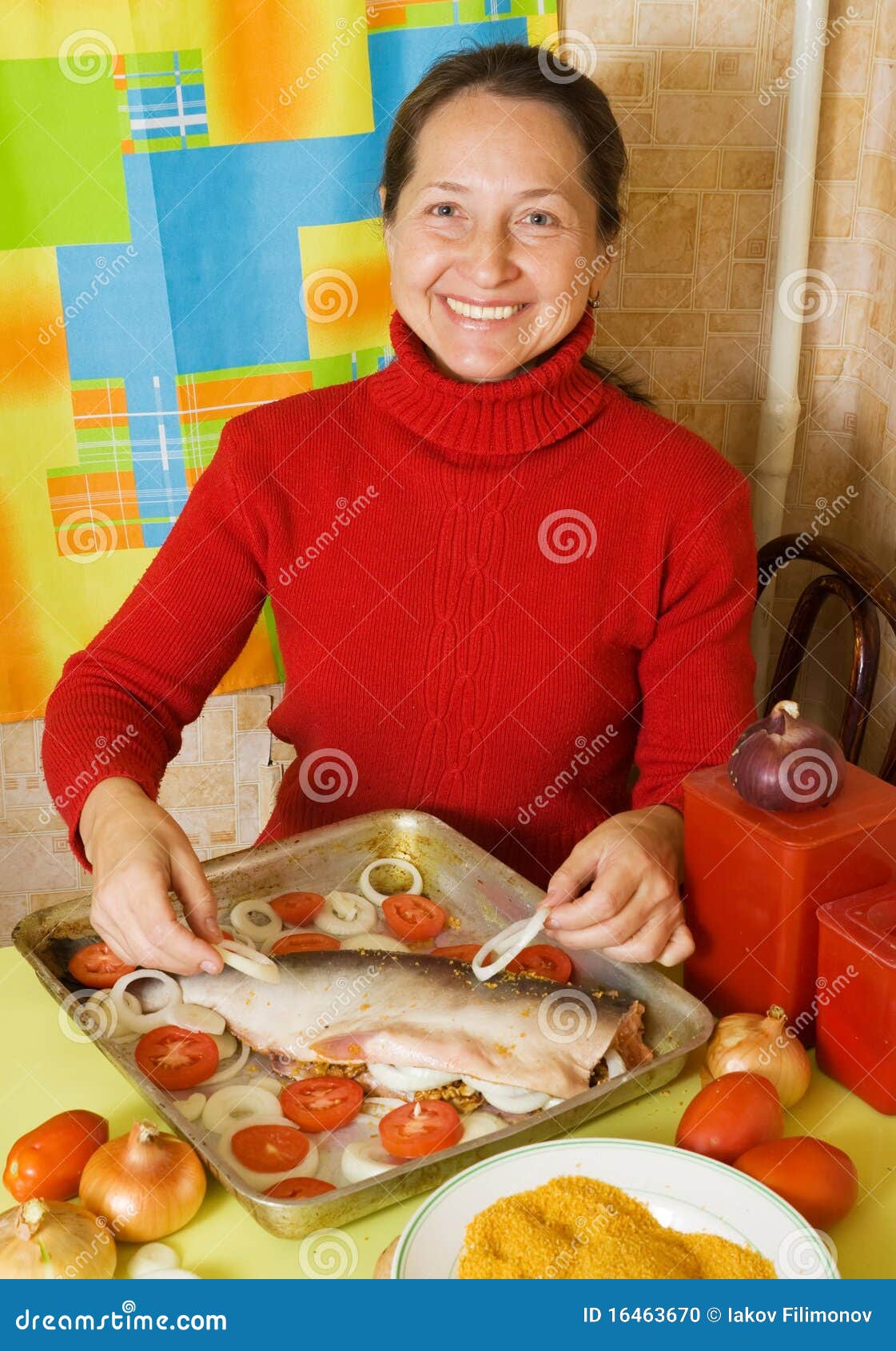 Woman cooking fish stock photo. Image of spices, female - 16463670
