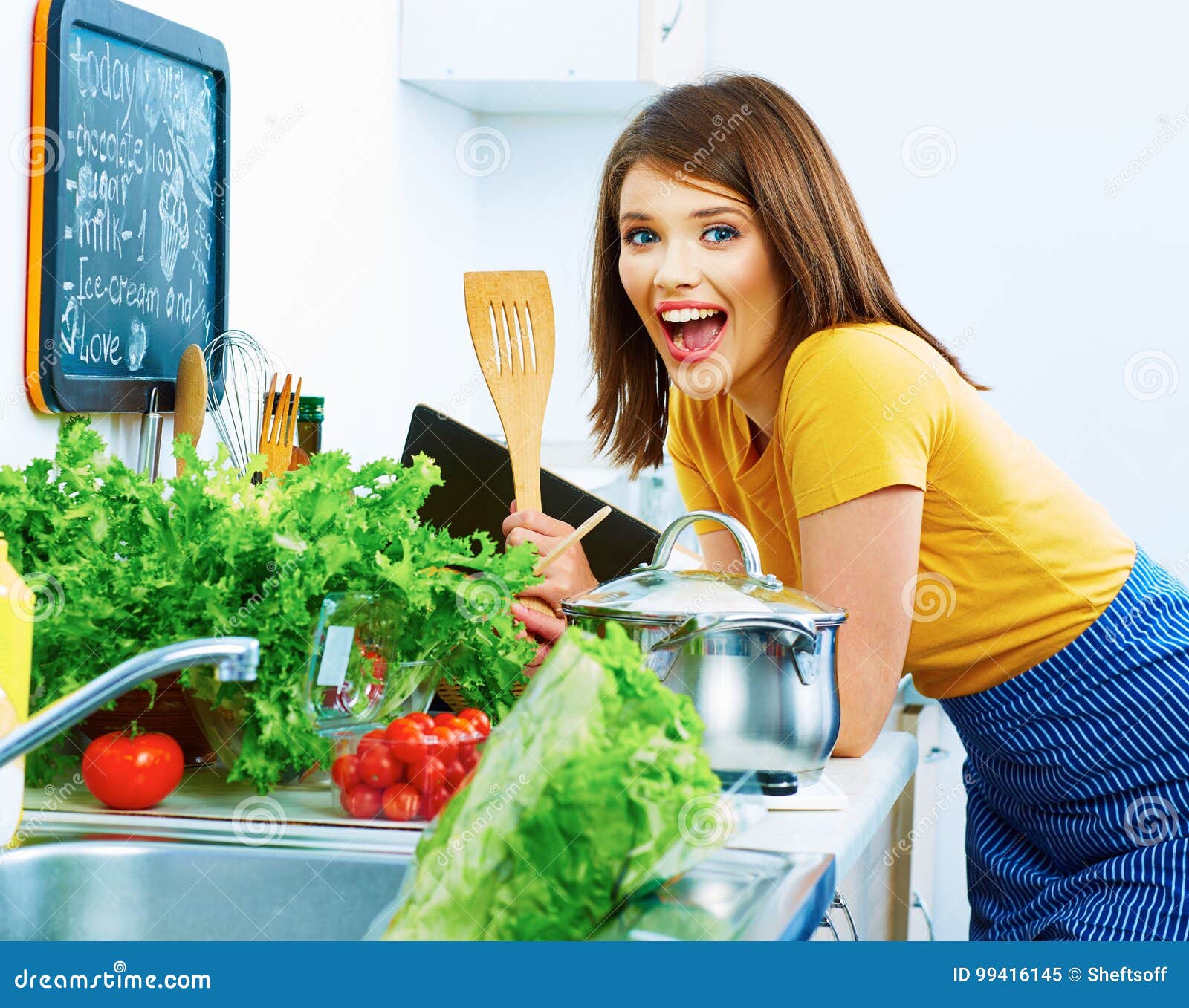 Woman cooking with fun. stock image. Image of apron, menu - 99416145