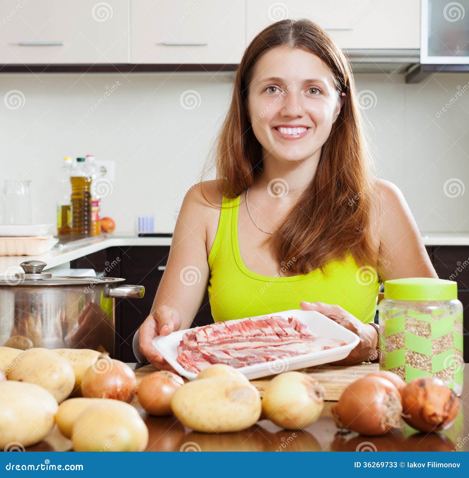 Woman Cooking with Lamb Meat Stock Image - Image of products, lamb ...