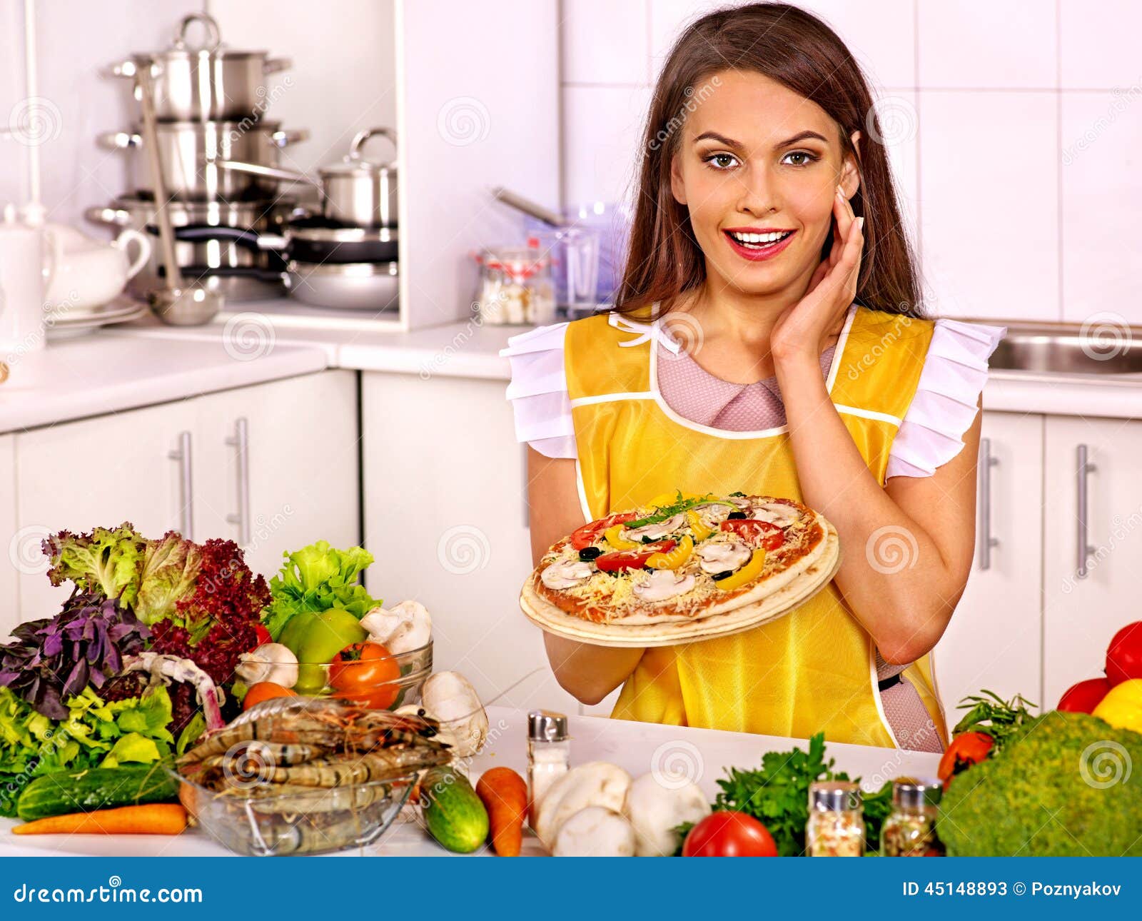 Woman cooking pizza. stock image. Image of eating, making - 45148893