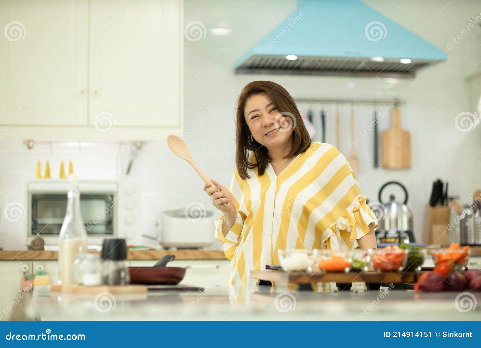 Woman Cooking Rice with Vegetables in Kitchen Stock Image - Image of ...